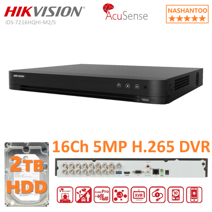 HIKVISION iDS-7216HQHI-M2/S 16 Channel 5MP 2 HDDs 1U H.265 Acusense DVR ...