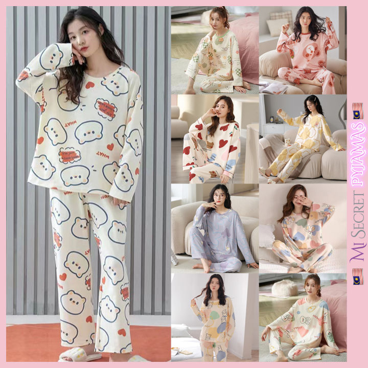[CUTE Design] Pyjamas Women Sleepwear Long Sleeve Combo Long Pants Baju ...