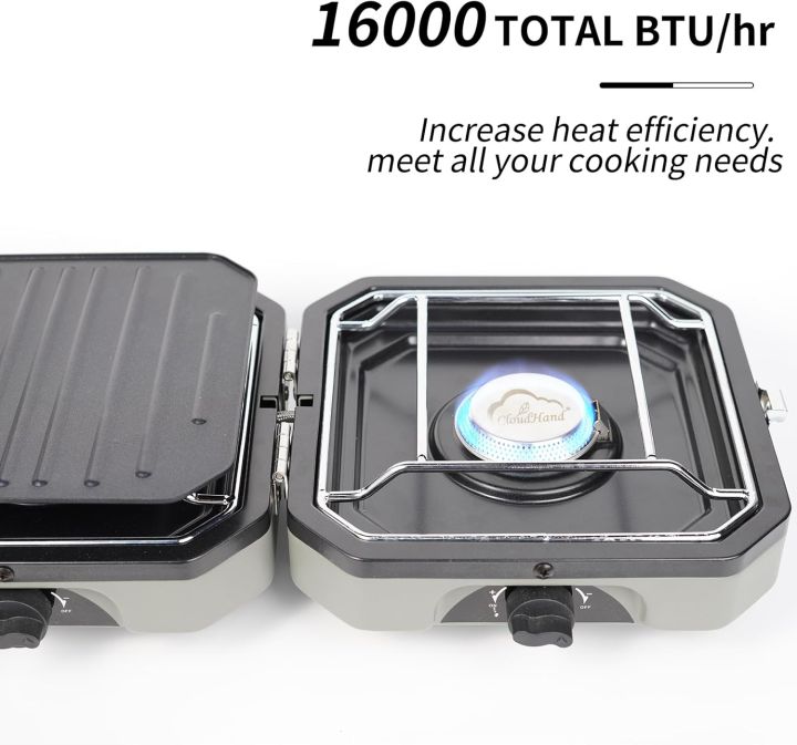 Portable double-burner camping stove with piezo ignition, foldable ...