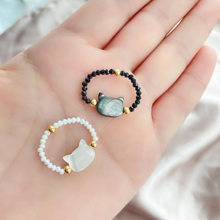 Cat Face Crystal Shell Ring Cincin Kucing Krystal Black White Hitam ...