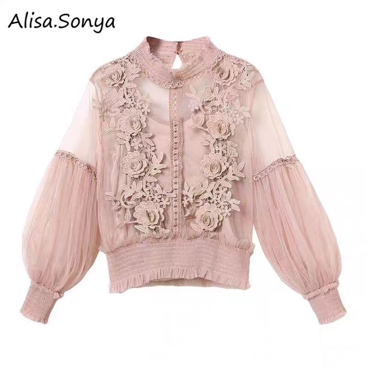 Alisa.Sonya Women's Ruffle Trim Lace Scalloped Hem Bell Long Sleeve ...