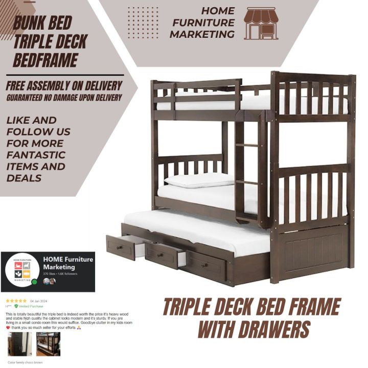 TRIPLE Deck Bed Frame with drawers bunk bed FREE ASSEMBLE | Lazada PH