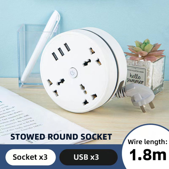 Round Power Extension Socket 3-pin Plug 3 AC Universal with 3 USB Ports ...