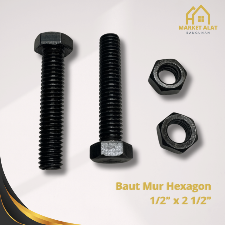 Baut Mur Hexagon 1/2" x 2 1/2" UNC Baja Hitam Kunci 19 / Full Set Baut ...