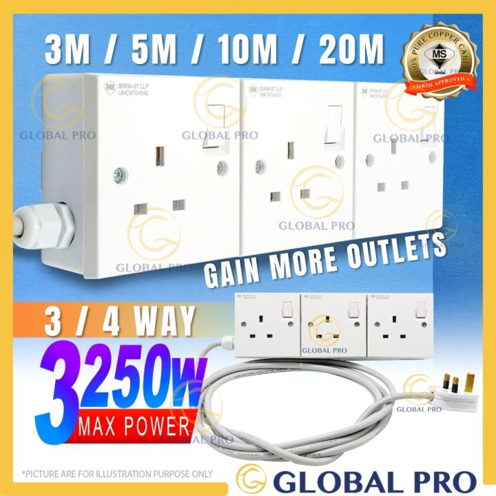 (3M/ 5M/10M/15M/20M) SIRIM 3 Way 13A Switch Socket with 40076 (1mm) x3C ...