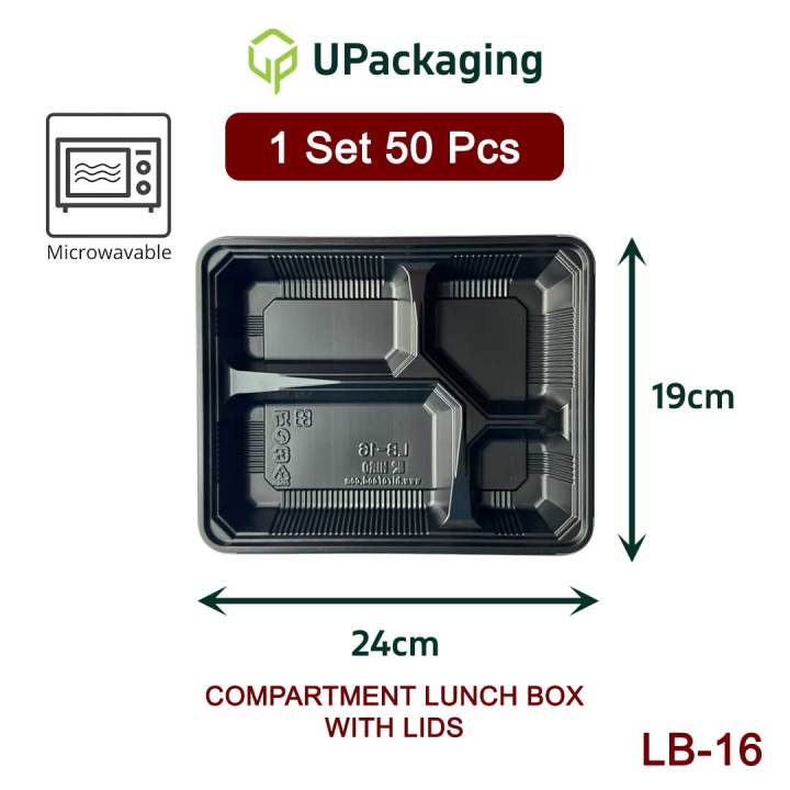 [50 Pcs] LB-16 PLASTIC LUNCH BOX with Lid 4 Compartments LB16 HIRO ...