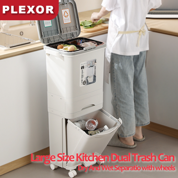 Plexor Large Size Kitchen Dual Trash Can with Cover, 2/3 Tiers Movable ...