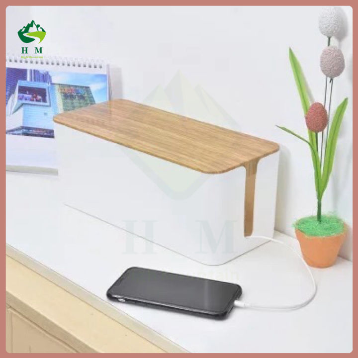 LR* Cable Wire Organizer Box with Bamboo Lid Cover Desk Cable Box ...