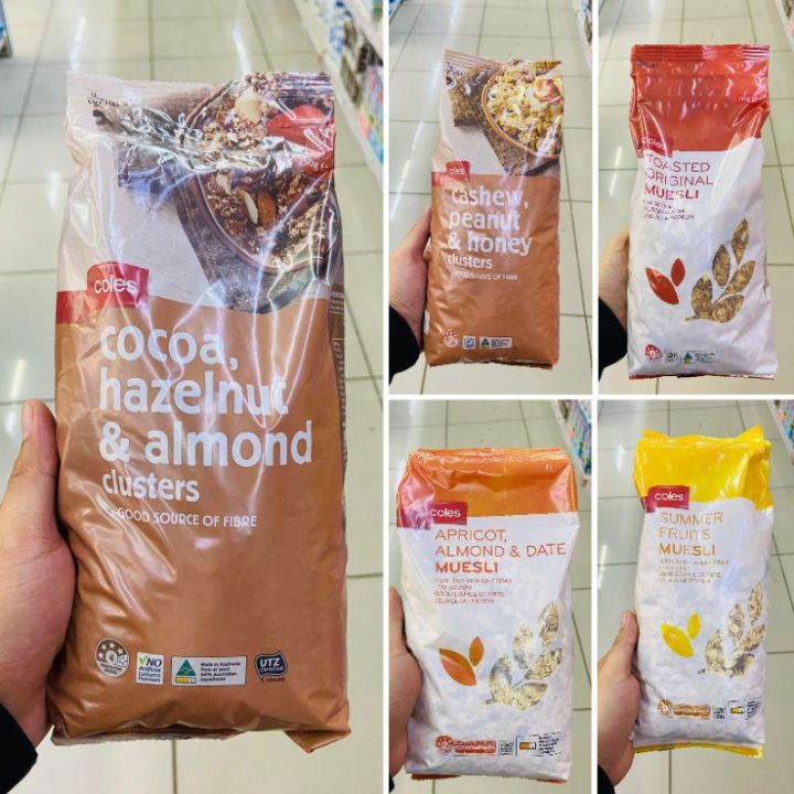 Coles Rolled Oats, Clusters & Muesli Cashew Peanut Honey Apricot Almond ...