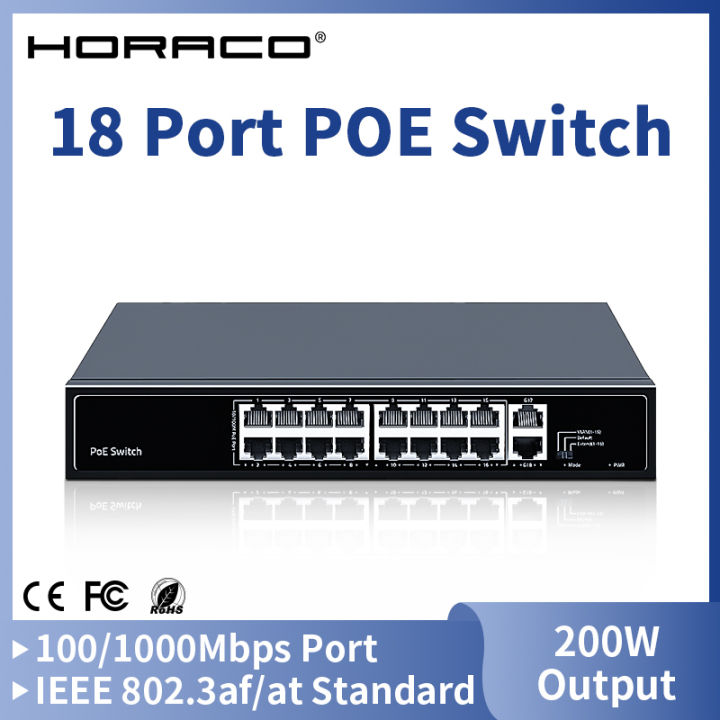 HORACO 18 Port POE Switch 16 Port 100Mbase-T 2 Gigabit Uplink 200W 1U ...