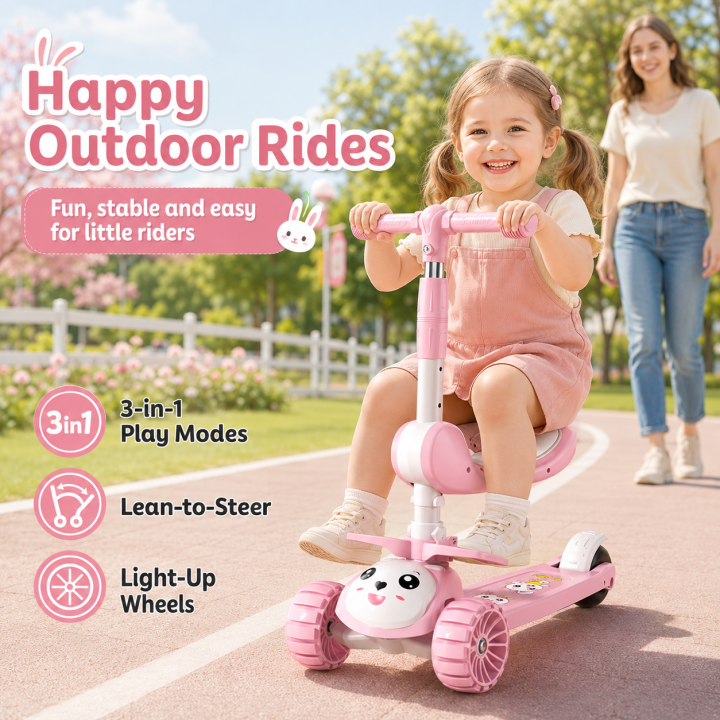 Beige Kids Scooter Adjustable Height Flash Foldable Scooter Three ...