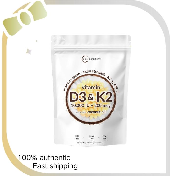 Micro Ingredients Vitamin D3 10,000 IU + K2 MK-7 200 mcg, 300 Softgels ...