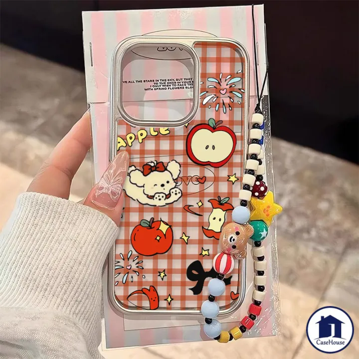 เคสนิ่มชุบใสลายลูกสุนัขแอปเปิลลายสก็อต เข้ากันได้กับ iPhone XR 7 8 Plus 16 11 15 13 14 12 Pro ...
