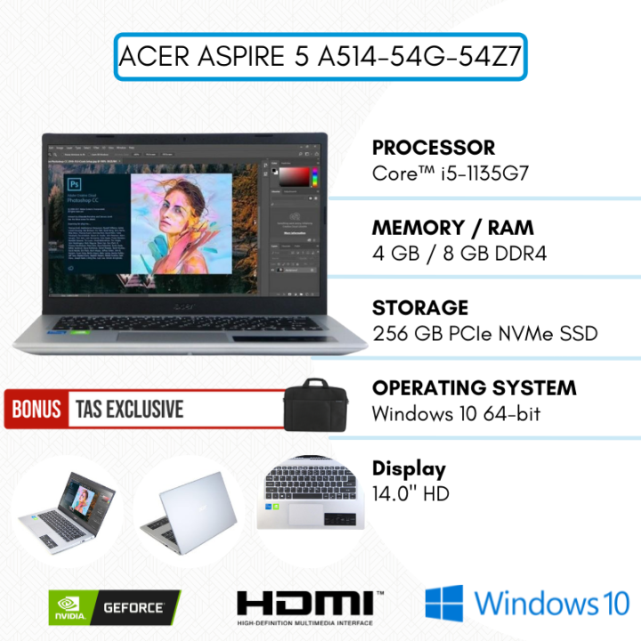 ACER GAMING ASPIRE 5 A514-54G-54Z7 - CORE I5-1135G7 - 12GB RAM - SSD 256GB - IRIS XE + NVIDIA ...