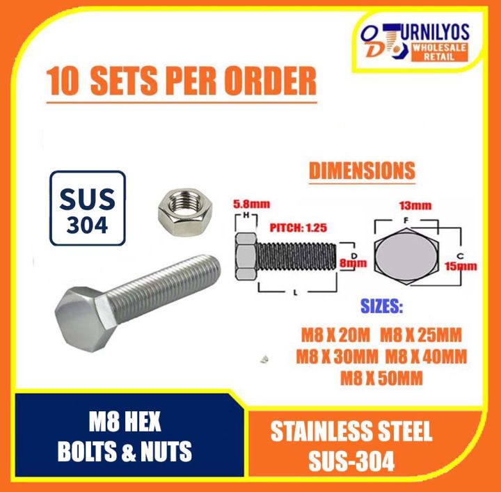 10 SETS STAINLESS M8 HEX BOLTS WITH NUTS PITCH 1.25 | Lazada PH