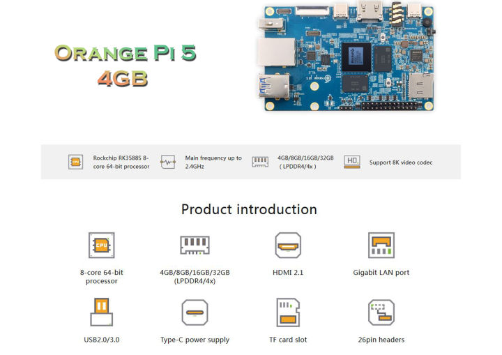 Orange Pi 5 with Rockchip RK3588S new generation 8-core 64-bit processor 4GB / 8GB RAM for Piso ...