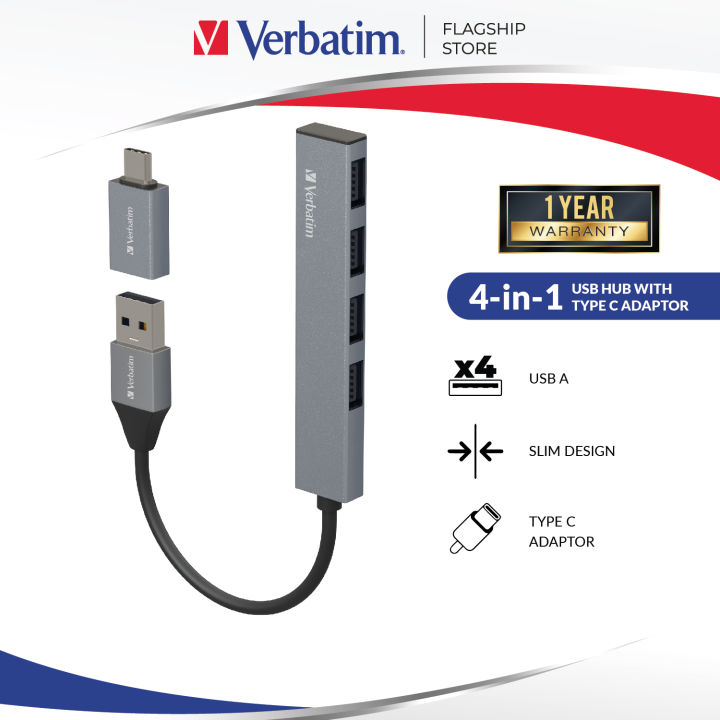Verbatim 4-Port USB 2.0 Hub (USB-A) with Type-C Connector/Adapter ...
