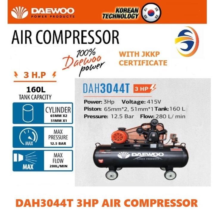 DAEWOO AIR COMPRESSOR 3HP/415V/160L/12.5BAR WITH JKKP CERTIFICATE ...
