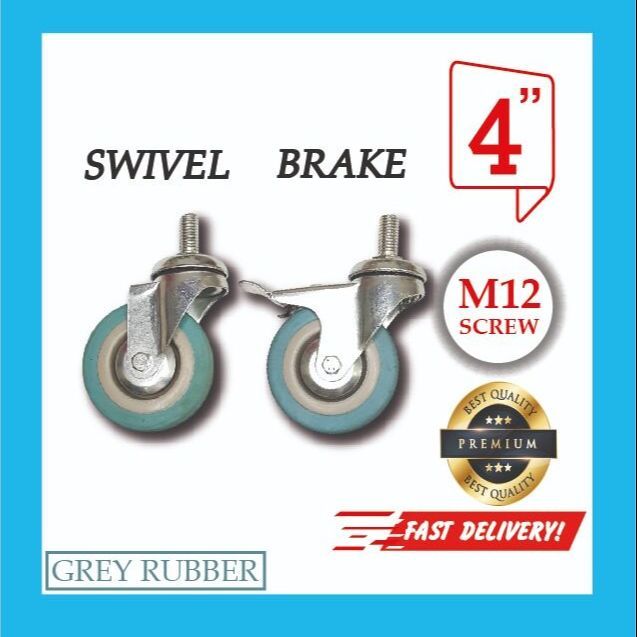 4" (100MM) HEAVY DUTY GREY RUBBER SCREW STEM (M12) CASTOR/CASTER ...