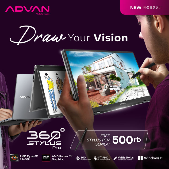 [FREE STYLUS PEN] ADVAN Laptop 360 Stylus PRO AMD RYZEN 5 7430U 14”IPS ...