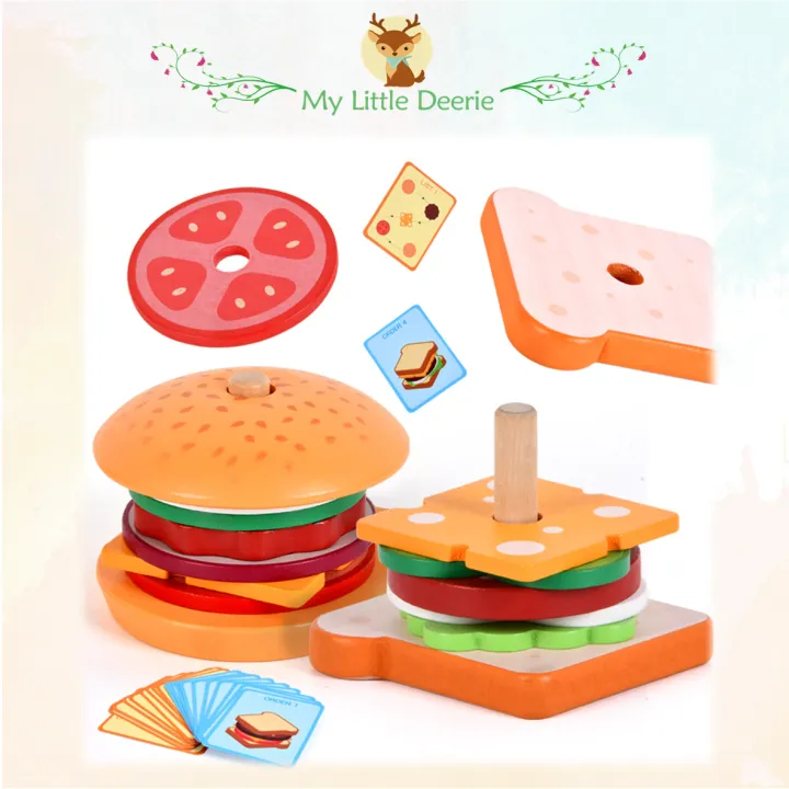 Wooden Sequence Mini Hamburger / Sandwich Sequencing Pretend Play Role ...