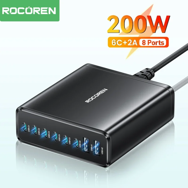 Rocoren 200W USB Type C Charger 8 in 1 USBC Desktop Charger PD QC Fast ...