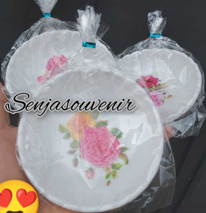 Isi (50pcs) souvenir mangkok melamin gerigi putih motif bunga/mangkok ...
