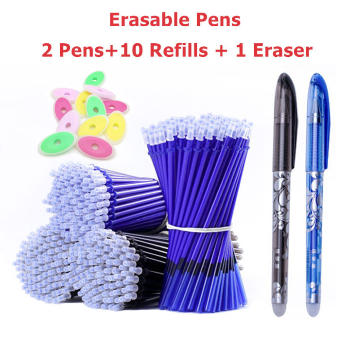 2 Erasable Pens + 10 Refills + 1 Eraser Black & Blue Ink Gel Pen Set 0 ...