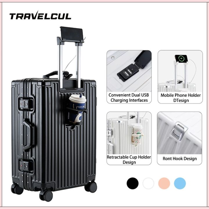 TRAEVLCUL 20/24 Inch Aluminum Suitcase Luggage Multifunctional Usb Cup ...