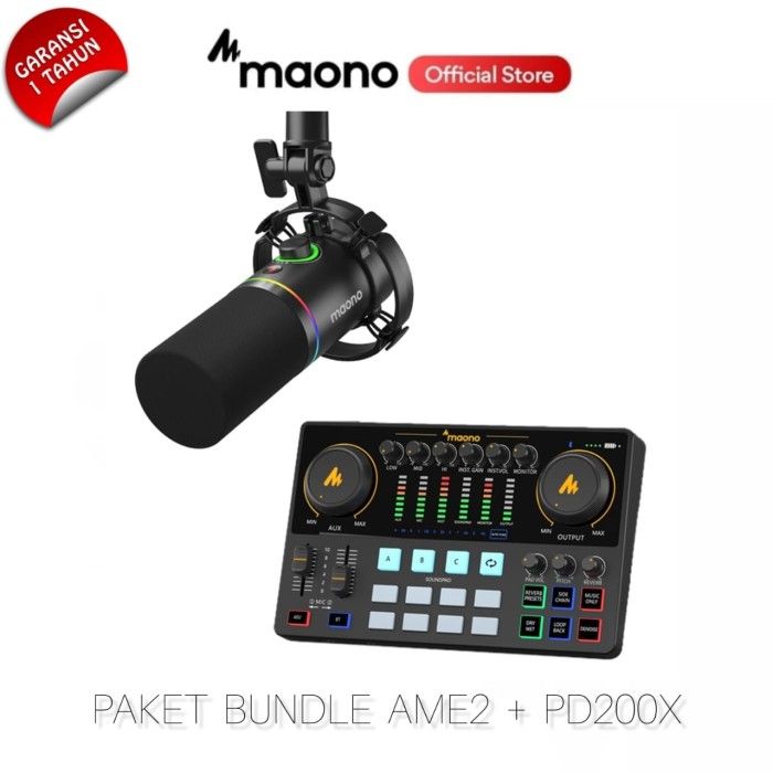 MAONO AU-AME2 SOUNDCARD AUDIO MIXER WITH PD200X RGB MICROPHONE DYNAMIC ...