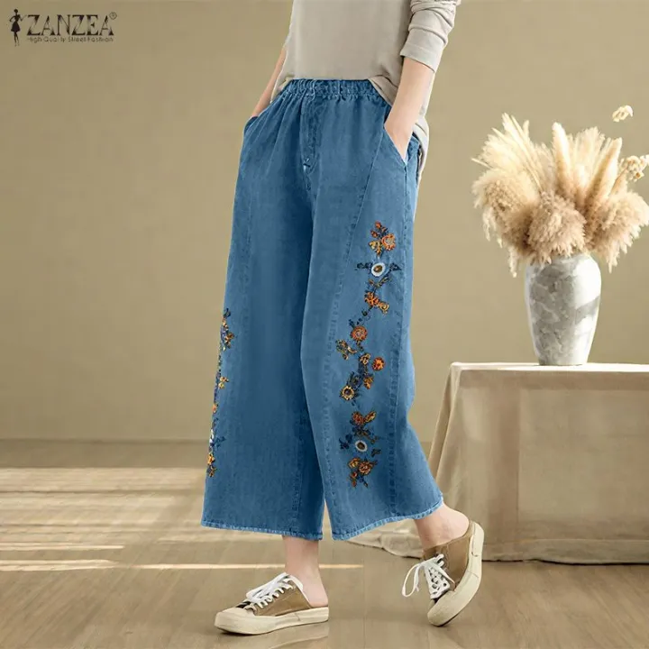 Zanzea Phụ Nữ Lỏng Lẻo Giản Dị eo cao thêu hoa Quần Quần Legging rộng ...