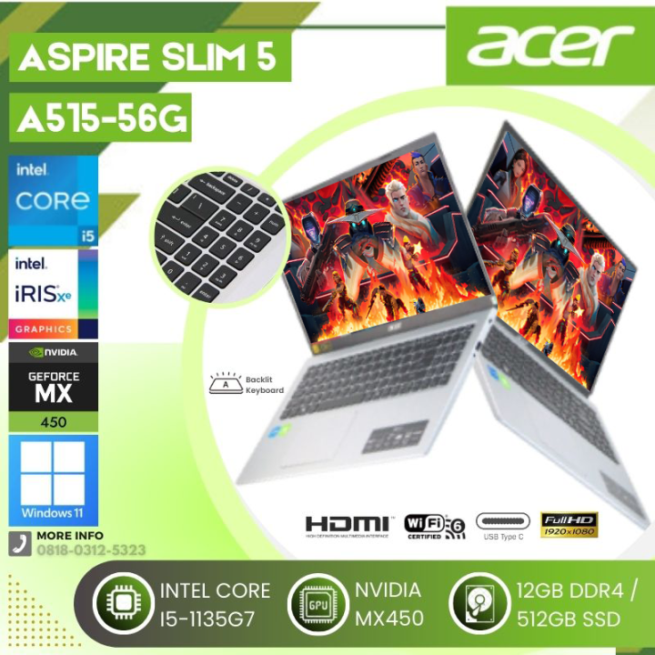 Laptop gaming Acer Aspire 5 Slim A515-56G-559R I5 1135G7 12GB 512SSD NVIDIA MX450 15.6"FHD ...