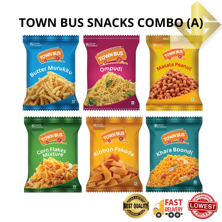 [TOWNBUS SNACKS COMBO A] Butter Muruku/Masala Peanut/CornFlakesMix/Ompudi/RibbonPakoda/Khara ...