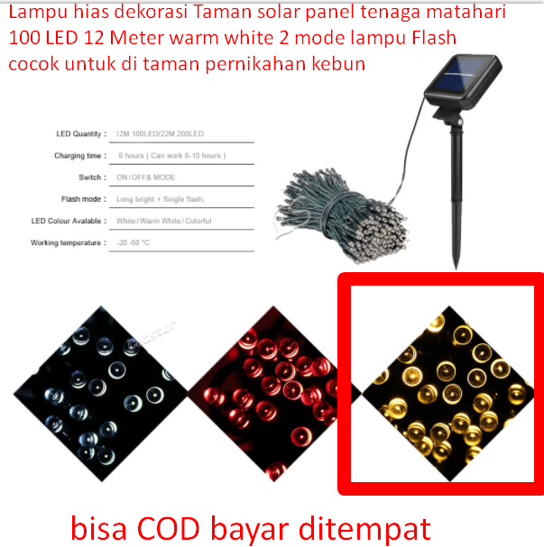 Lampu hias dekorasi Taman solar panel tenaga matahari 100 LED 12 Meter ...