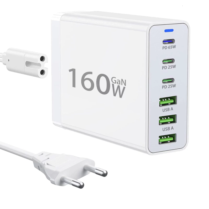 160W USB C Desktop 6 Port Quick Charging Adapter Hub with 3 USB C and 3 ...