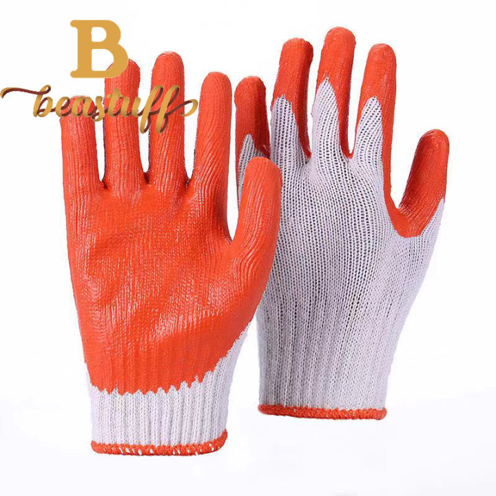 12 pairs Good Quality Thick Cotton String Knit Orange Rubber Gloves ...