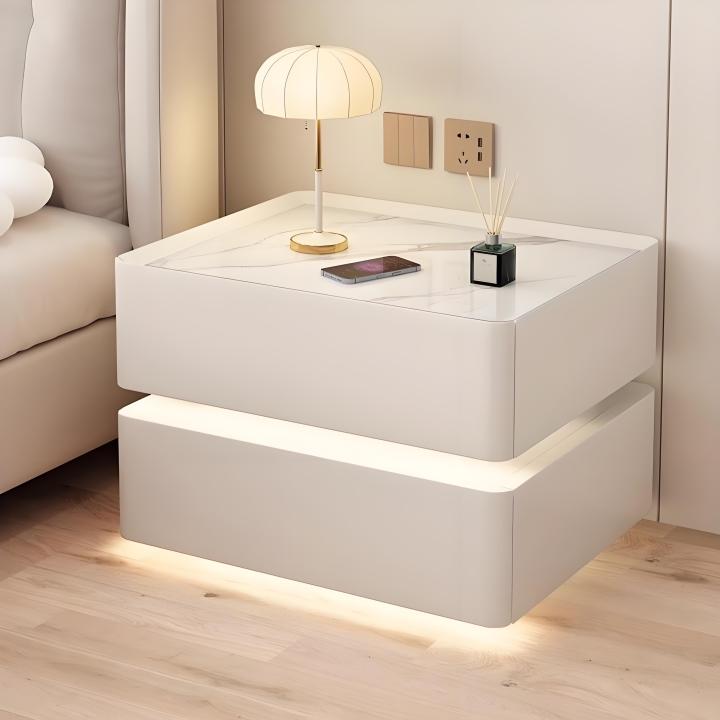 Modern Floating LED Light Bedside Table with Double Drawer and Touch ...