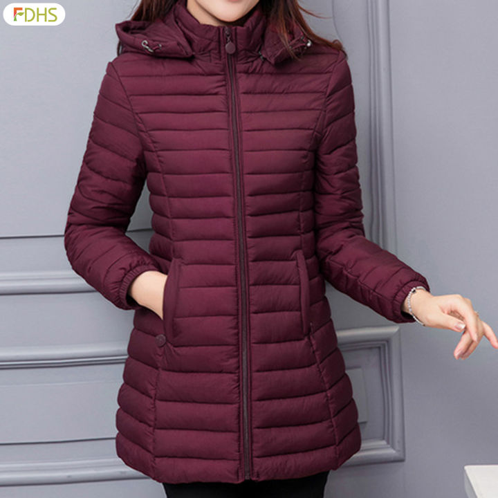 FDH เสื้อโค้ทกันหนาวผู้หญิงมีฮู้ดความยาวปานกลางโค้ตขนเป็ดเข้ารูปพอดี ...