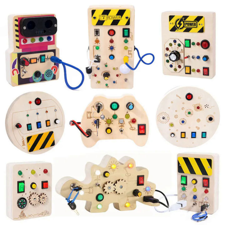 Montessori busy board sensory toys wooden with LED light switch control ...