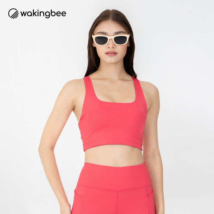 Wakingbee Rib Crop Bra (Raspberry) สปอร์ตบรา ทรงครอปยาว กระชับ ผ้าร่อง กันยูวี แห้งไว ยืดหยุ่นดี ...