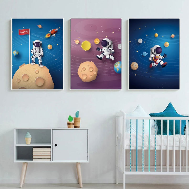 Colorful Cartoon Star Astronaut Canvas Painting Print Wall Decorative ...