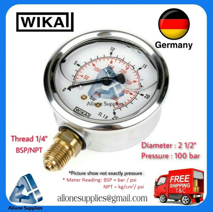 " WIKA " 100% Original Pressure Gauge , 100 Bar Diameter 2" 1/2 (Diameter 63mm), 1/4" BSP and ...