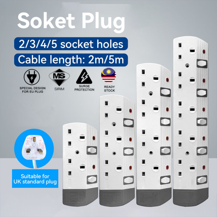 2 / 3 / 4 / 5 Gang SIRIM 5M Heavy Light Duty Extension Trailing Socket Universal Socket Multi ...