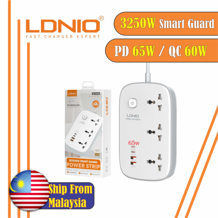 LDNIO POWER Strip 3250W 3 Socket 2 USB 60W Type C output 65W Smart ...