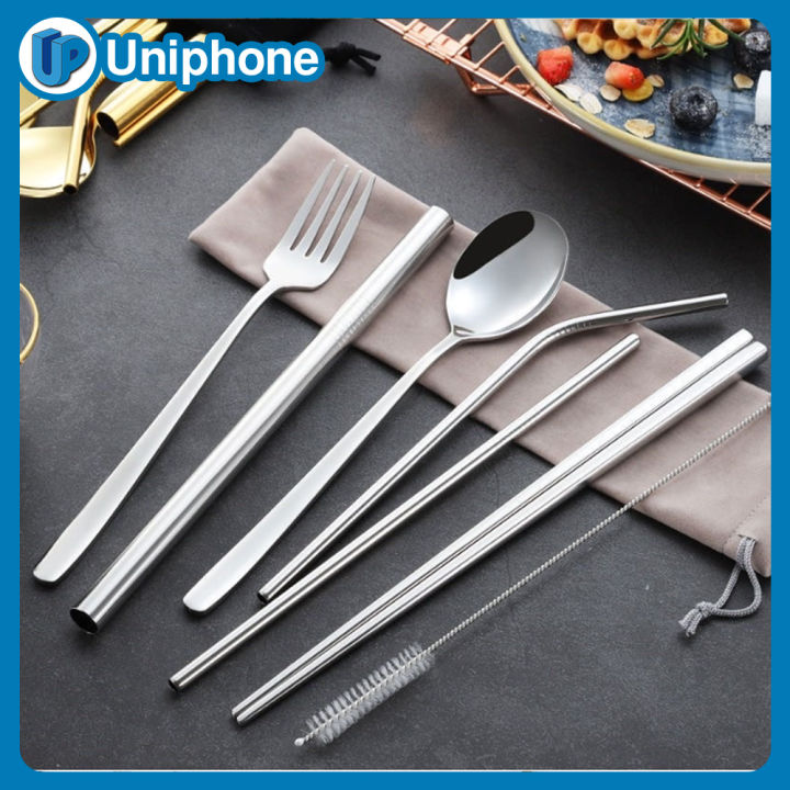 UNIP. 7 in 1 304#Stainless Steel Spoon Fork Chopsticks Straw Sets ...