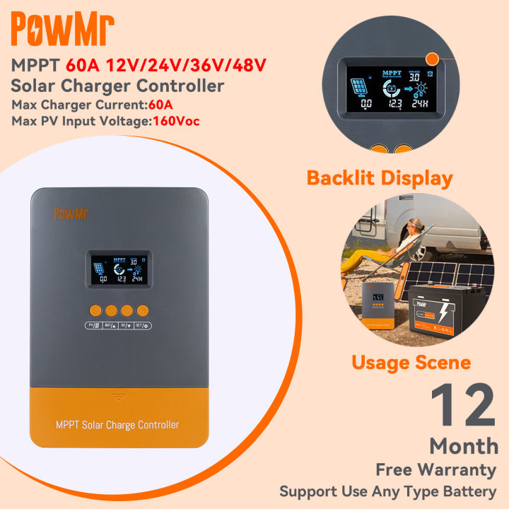 PowMr 60A Mppt Solar Charger Controller 12V-48V With Blacklight LCD Regulator Max PV Input ...
