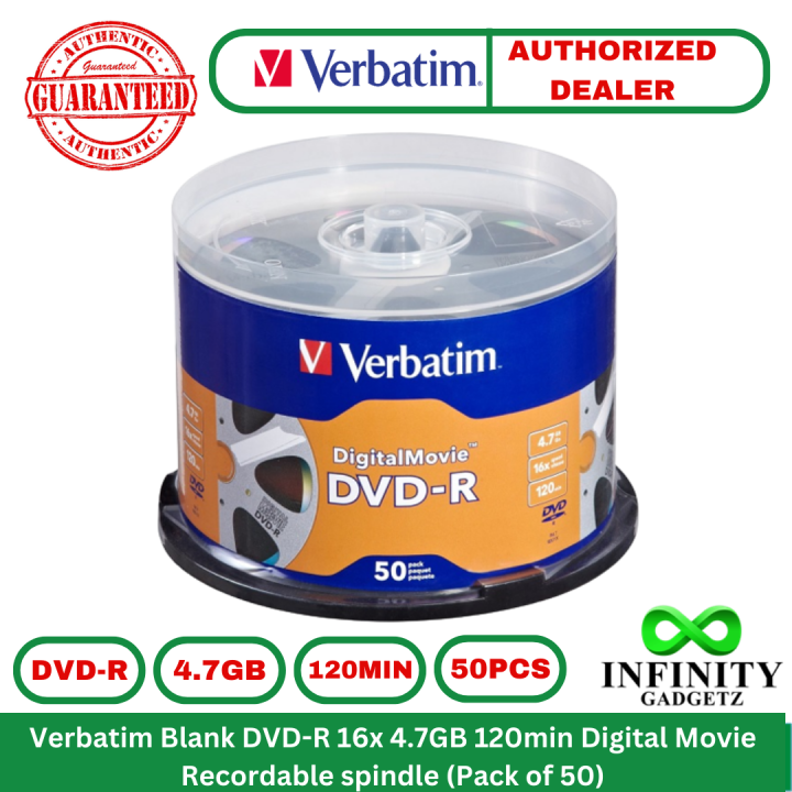 Verbatim Blank DVD-R 16x 4.7GB 120min Digital Movie Recordable (Pack of 50) spindle 62244 ...