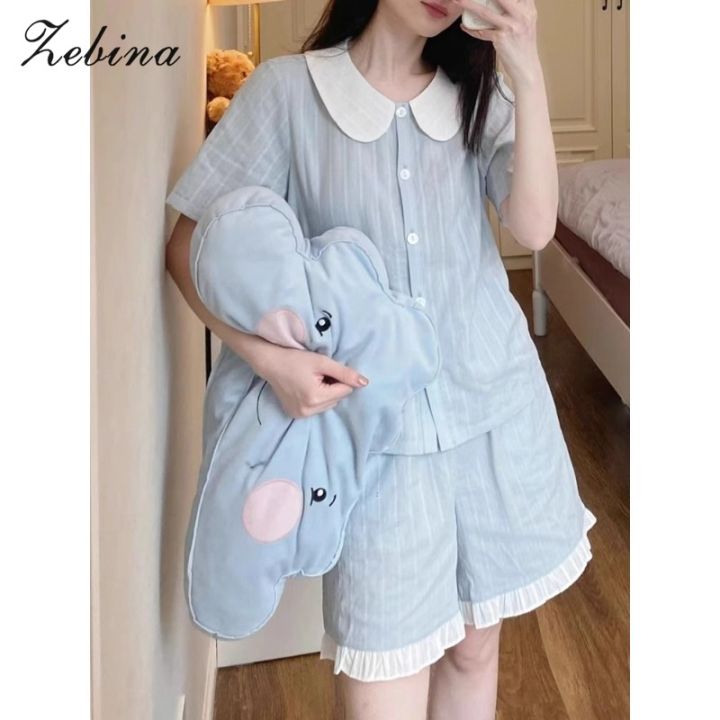 Zebina ชุดนอนสบายๆสำหรับผู้หญิงกางเกงขาสั้นแขนสั้นมีปกสีฟ้า,ชุดนอน ...