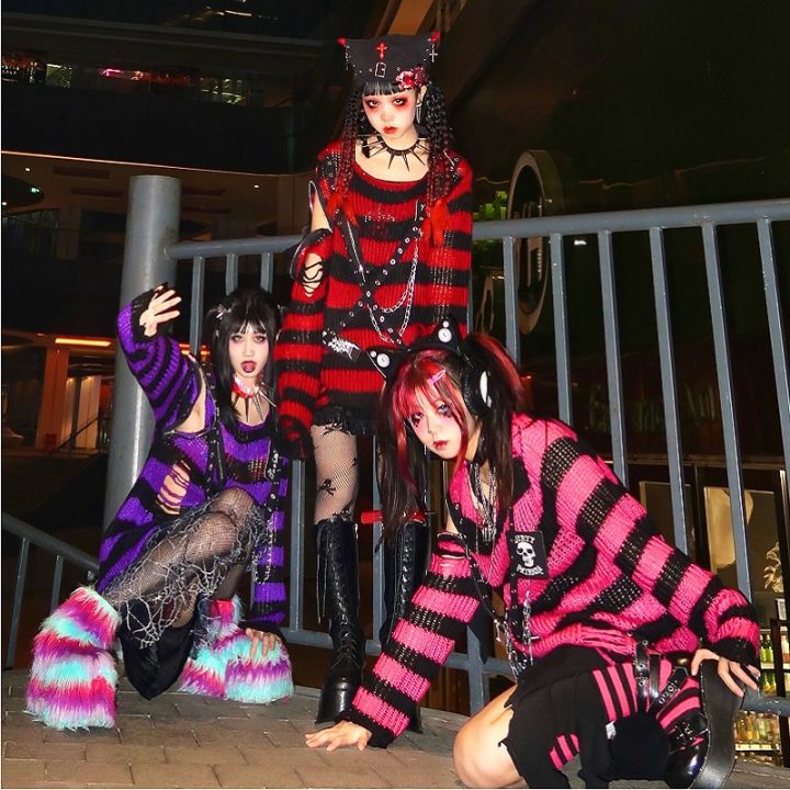 Y2K Gothic Punk Rock Metal Chain Spider Print Hollow Out Striped ...