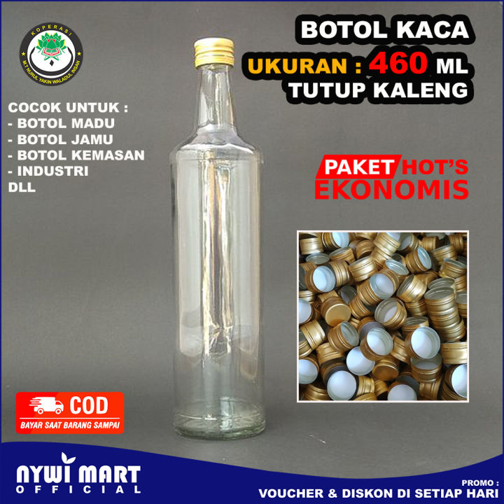 ( PAKET ISI 1 LUSIN ) Botol Kaca 460ml Tutup Kaleng Emas / Botol Madu ...